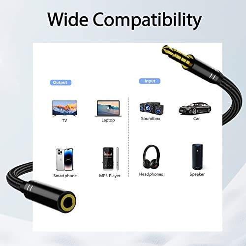 PVJALI Headphone Extension Cable(4Ft/1.2M), 3.5mm Audio Cable Male to Female, 4 Pole Hi-Fi Stereo Sound AUX Cord Extender for All 3.5 mm Enabled Devices (2 Pack - Nylon Braided Black)