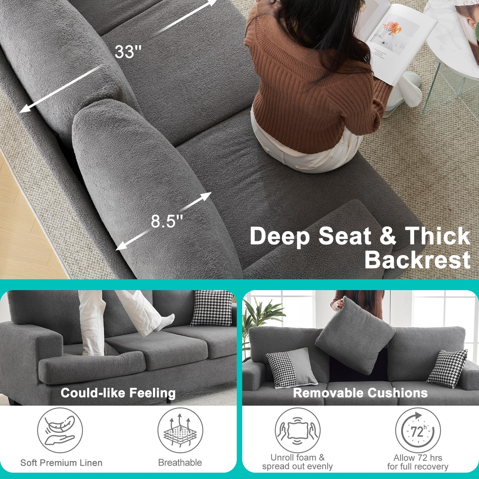 SENYUN 3-Seater Sofa Couch,Comfy Couch with Upholstered Cushions & Square Armrest,Modern Sofa with Deep Seats, Bouclé Home Sofa Couches for Living Room,Apartment,Bedroom,Office(Grey)