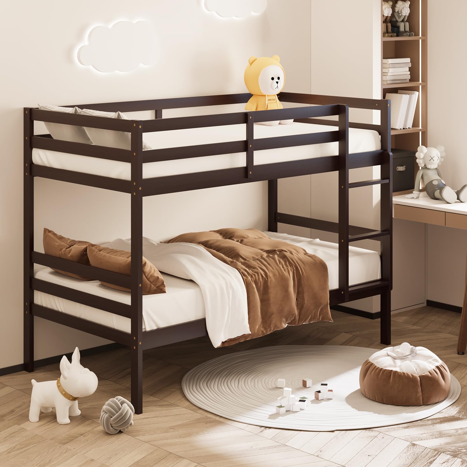 Giantex Bunk Bed Twin Over Twin White, Solid Wood Bunk Bed with Sturdy Ladder & 12 Inch Safety Guard Rails, Twin Size Wood Bed Frame for Dormitory, No Box Spring Needed, Bunk Beds for Kids Teens