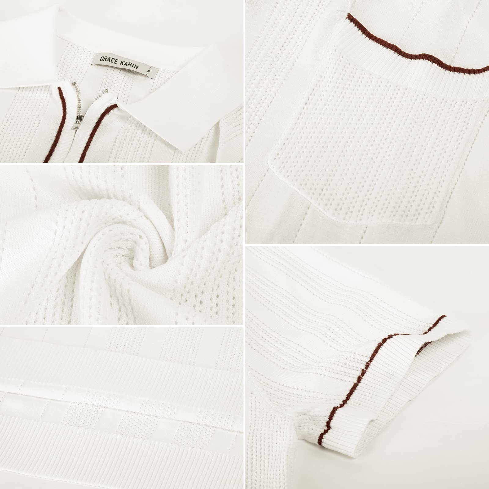GRACE KARIN Mens Fashion Hollow Out Polo Shirts Lightweight Knitting Shirts White