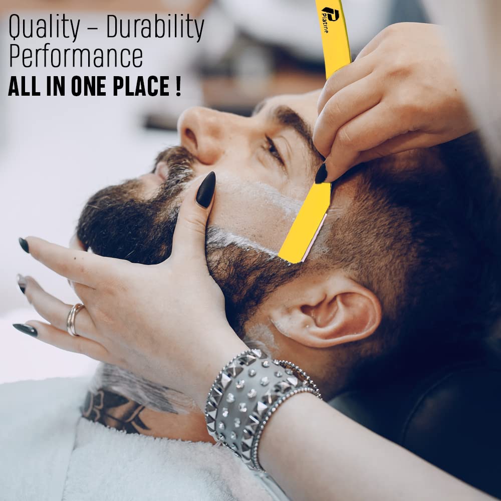 Platine Straight Razor, New Ergonomic Stainless Steel Straight Edge Razor with 10 Extra Premium Blades - Barber razor for Personal & Professional Usage (Pink)
