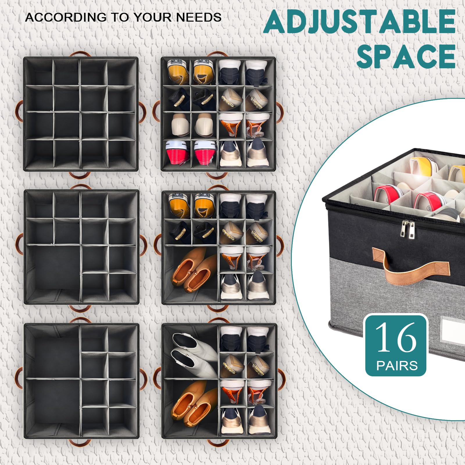 RONCHIL Shoe Organizer for Closet, Foldable Shoe Storage Bins with Clear Cover, Space Saving Shoes Holder with 4 Handles, Large Adjustable Shoe Box Storage Containers, Fits 8-16 Pairs, 2 Pack, Beige