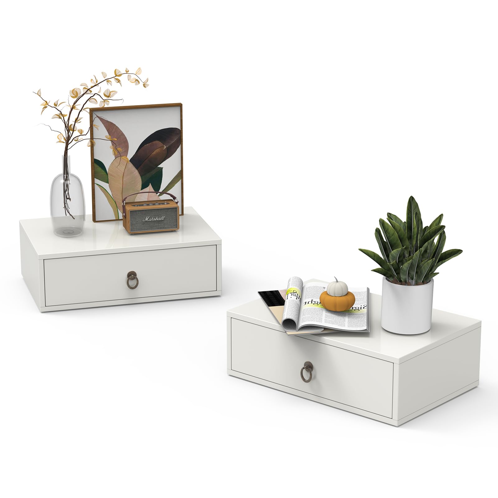 VINGLI Floating Nightstand with Drawer Set of 2, Floating Bedside Table, Wall Mounted Nightstand, Hanging Nightstand White for Bedroom, Floating Wood Night Stand/Side Table, Floating Nightstands