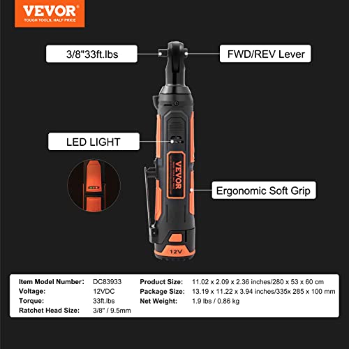 VEVOR Cordless Electric Ratchet Wrench Set 3/8", 12V 33 Ft-lbs Power Ratchet Tool Kit, 45-Min Fast Charge, 2-Pack 2.0Ah Battery, Built-in LED Light, 10 Sockets, Variable Speed Trigger