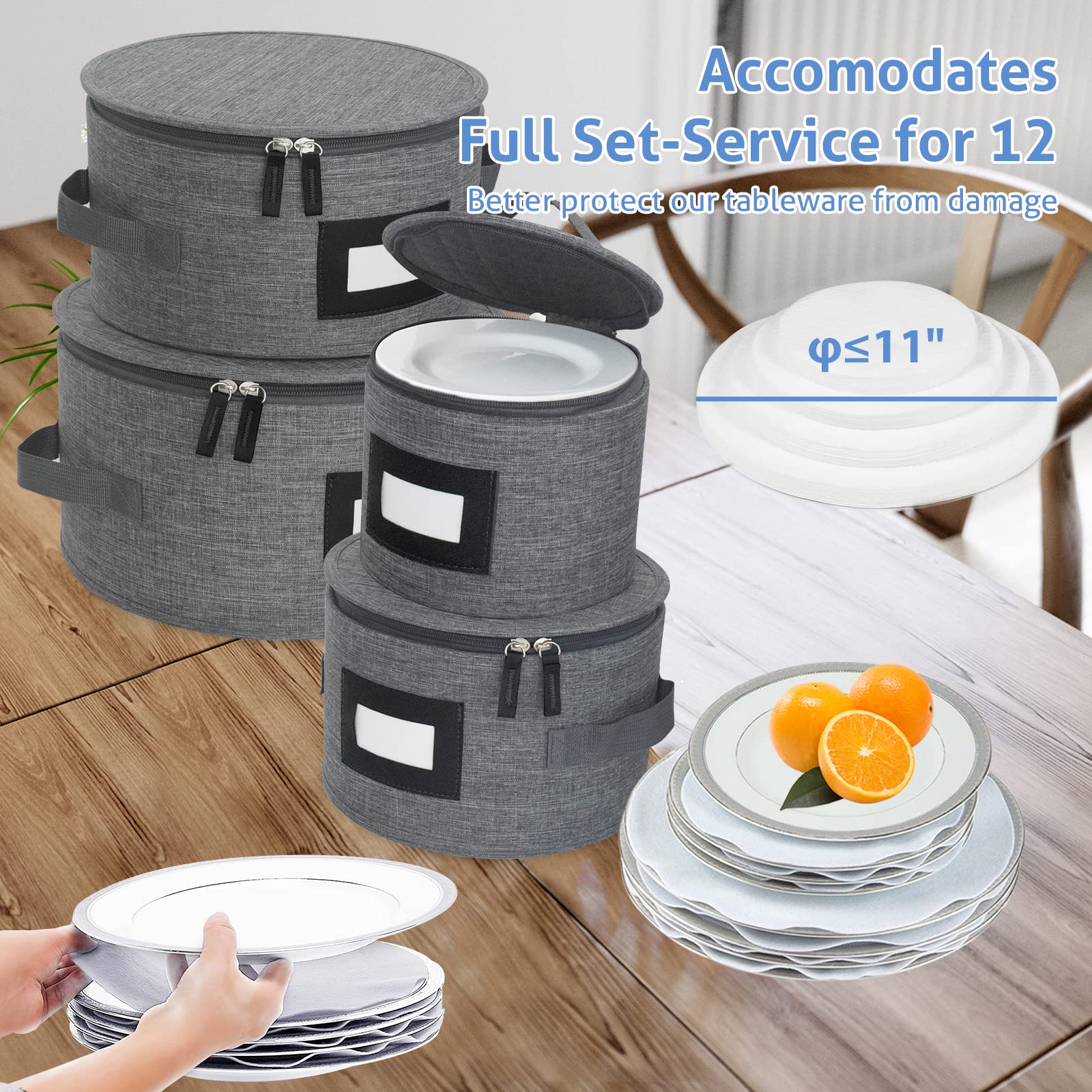homyfort China Storage Containers Set of 6,Includes Wine Glass & Stemware Cases,Cup Coffee Mug Box,Dish Plate Containers,Hard Shell with Dividers Handles for Dinnerware Moving, 300D Grey with Handles