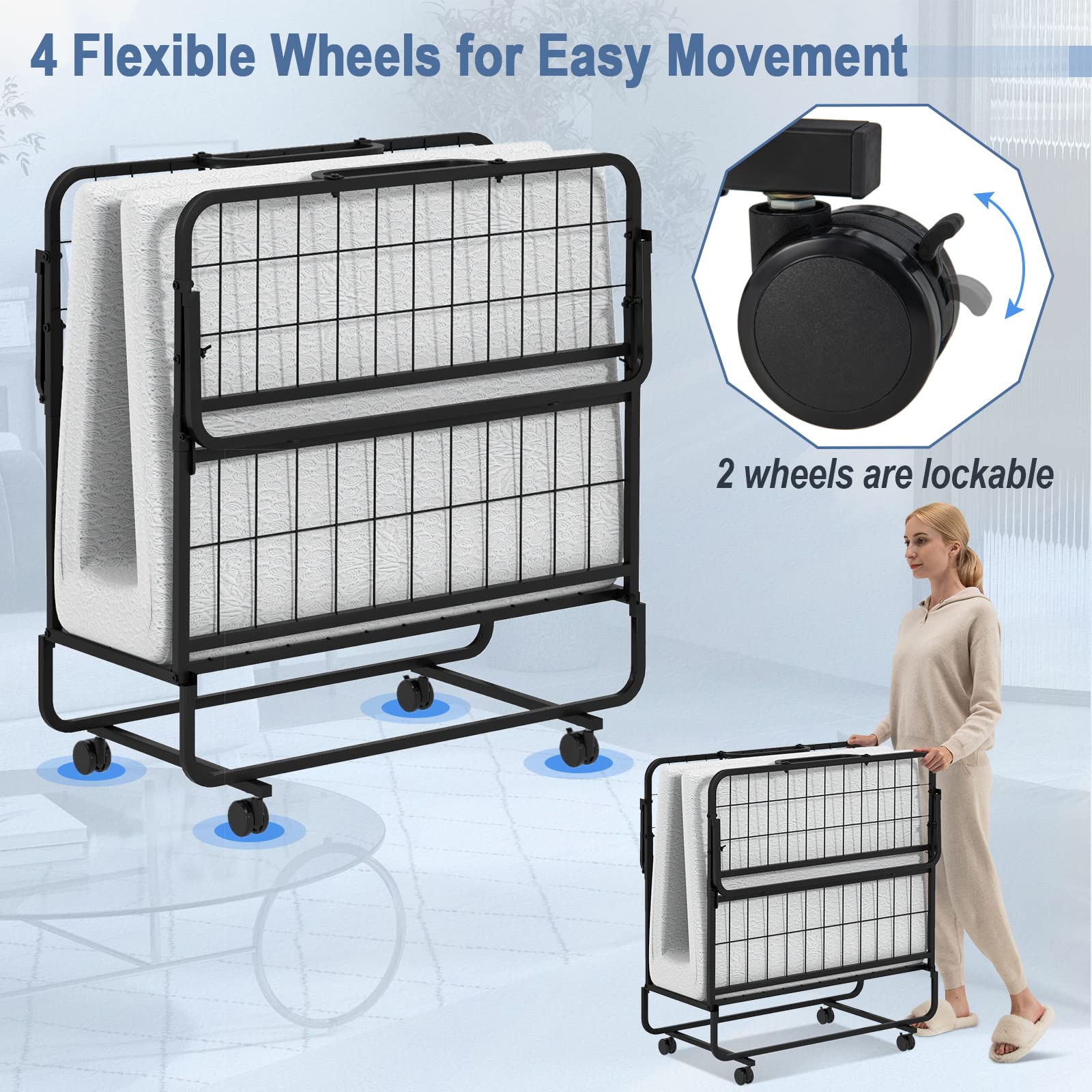Giantex Folding Bed with 4" Mattress for Adults, Twin Size Rollaway Guest Beds w/Sturdy Metal Frame & Memory Foam Mattress, Easy Storage, Portable Bed on Wheels for Office Room Living Room