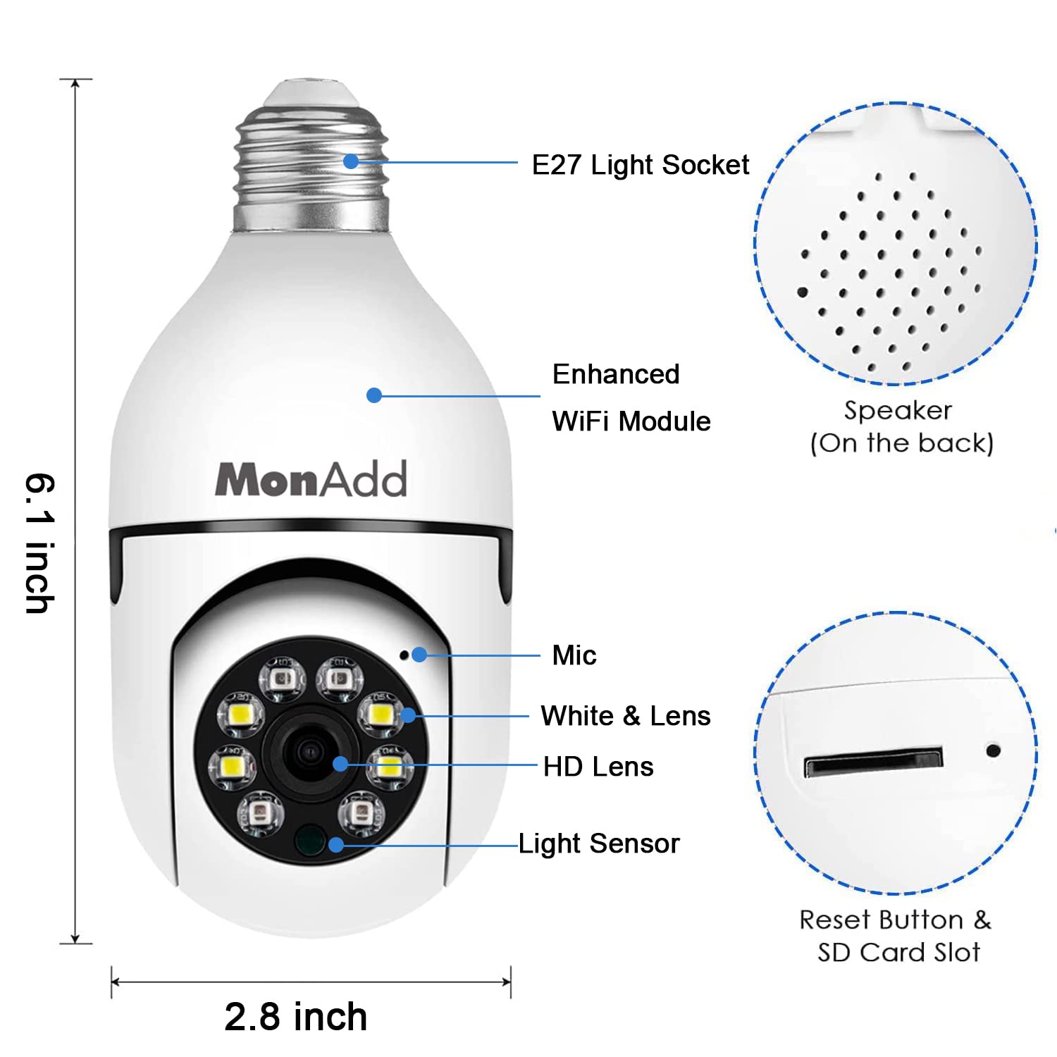 MonAdd 1080P Light Bulb Camera, PTZ E27 Wireless Camera Light Bulb WiFi Camera, 360 Degree Night Vision Light Socket Camera for Home, Indoor and Outdoor, Baby,Pet