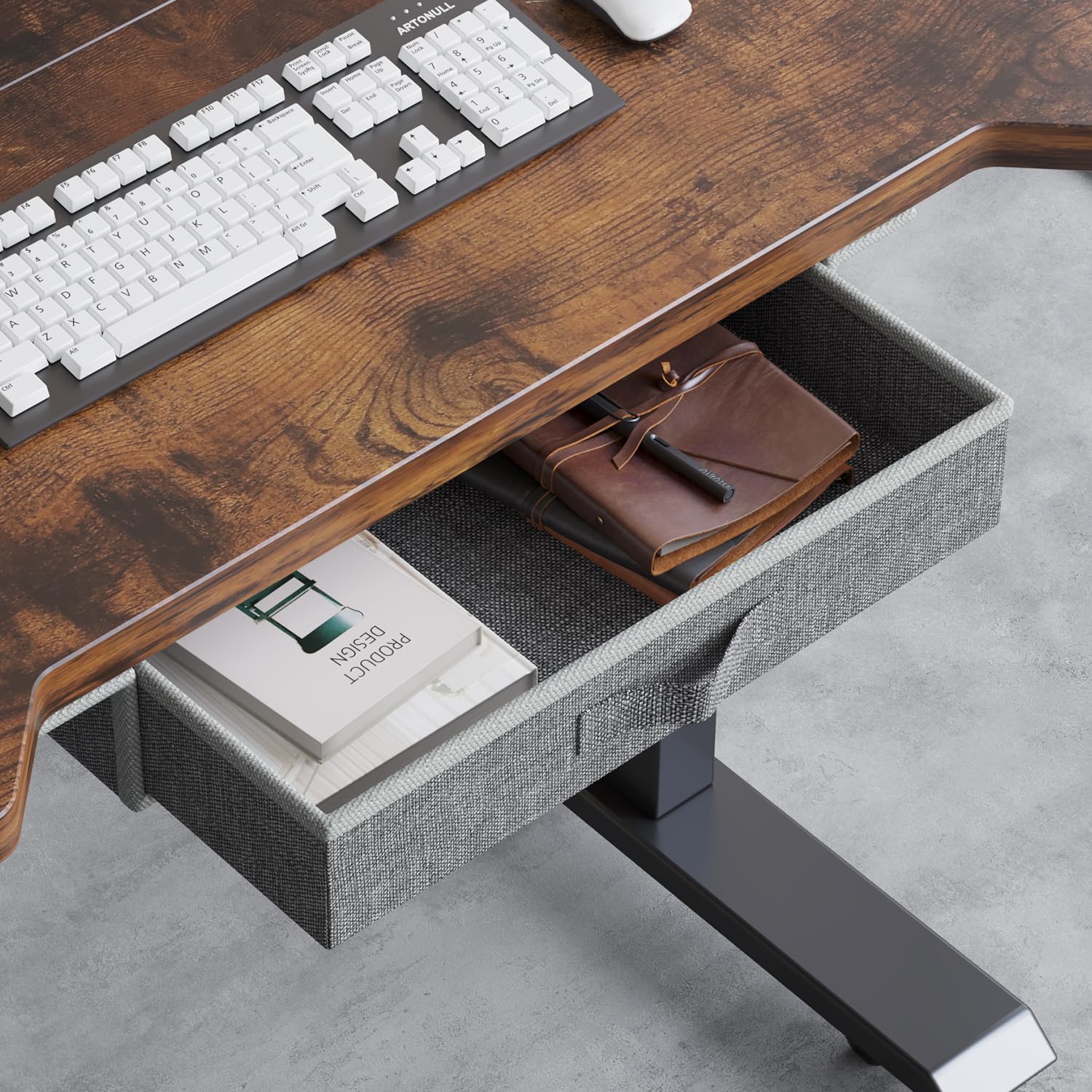 Radlove Dual Motors Height Adjustable 59'' L Shape Electric Standing Desk with Drawer Stand Up Table 4 Memory Keys, Computer Desk with Splice Board Home Office Desk, Rustic Brown Top + Black Frame