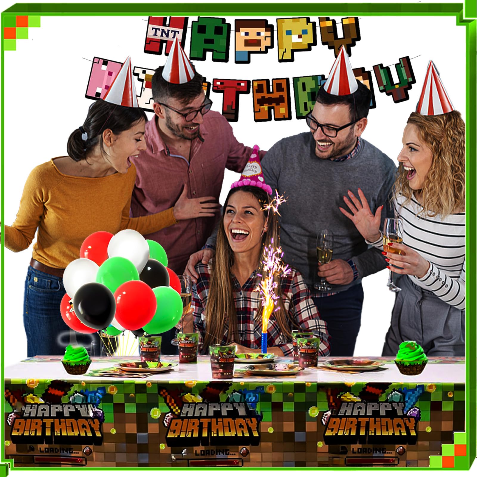 Pixel Birthday Party Decorations - Party Favour Set Includes Pixel Banner, Plates, Napkins, Cups, Tablecloth, Balloons, Forks. (green)