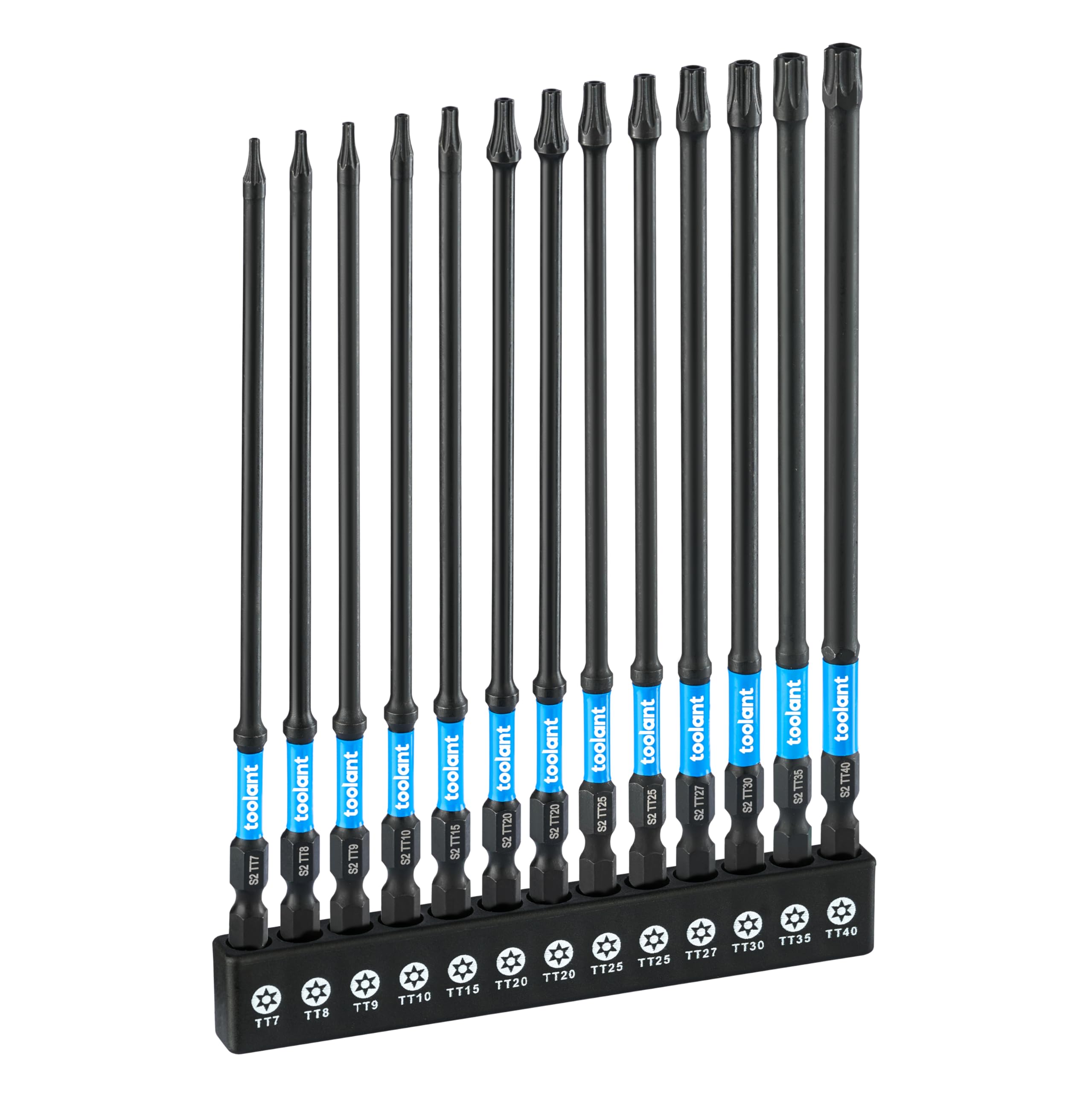 toolant 6" Impact Long Torx Bit Set 13pcs (TT7-TT40), 1/4 Hex-Shank S2 Steel Security Torx Bit Set, Tamper Proof Star Bit Set with CNC Machined Tips, Magnetic Impact Bit Holder and Storage Box