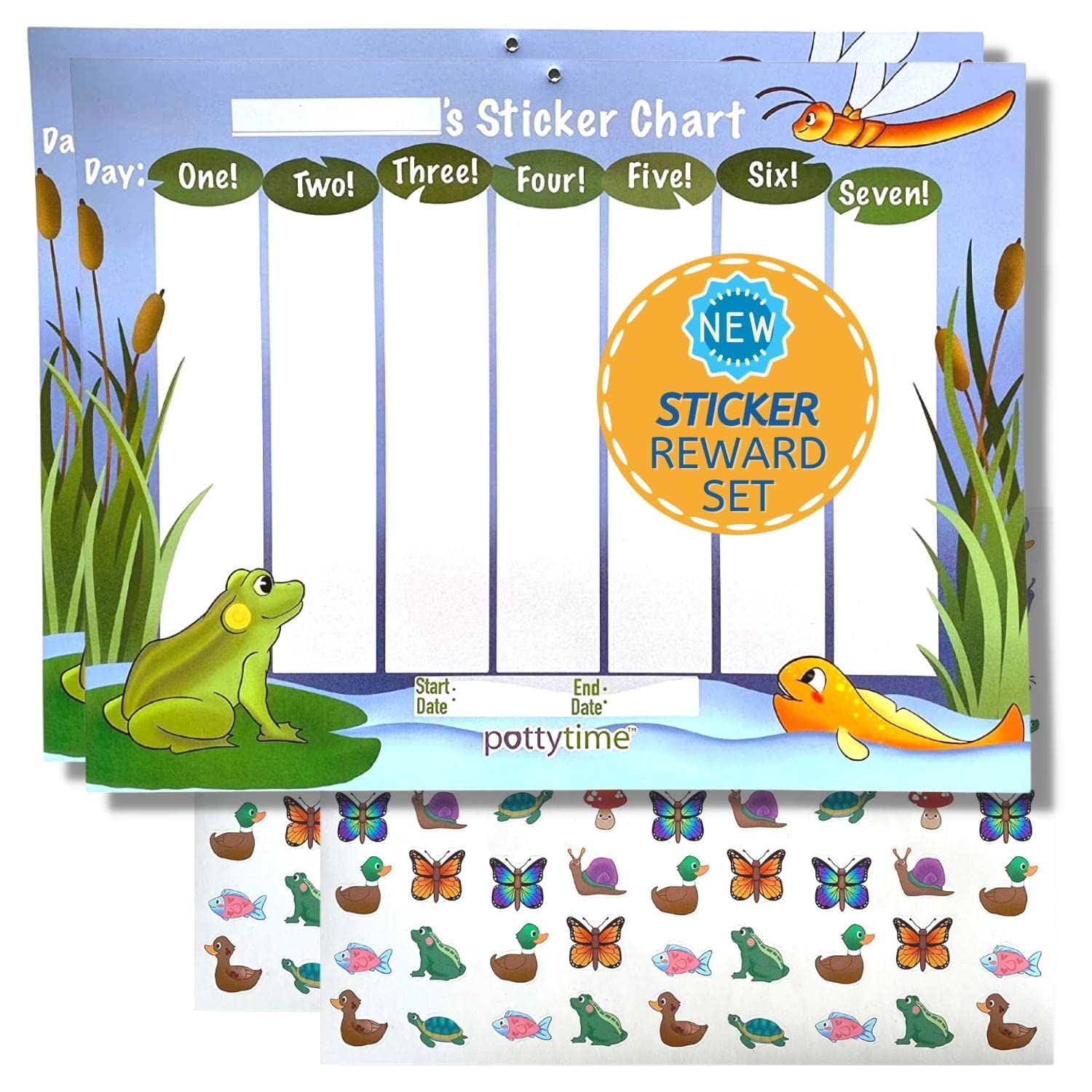 Potty Time: Purple Watch & Sticker Set | Water Resistant, Toilet Training Aid, Warranty Included. (Automatic Timers Plays Music & Flashing Lights for Fun Reminders), Green + Pond Sticker Chart Kit