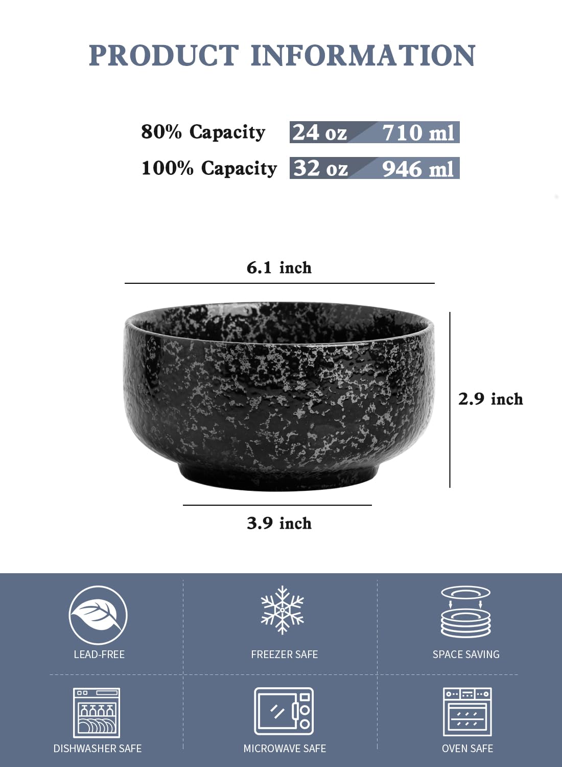 Kanwone Ceramic Bowls - 32 Ounce Bowl Set for Cereal, Salad, Noodle and Soup, Japanese Noodle Bowls - Set of 4, Black, Microwave and Dishwasher Safe
