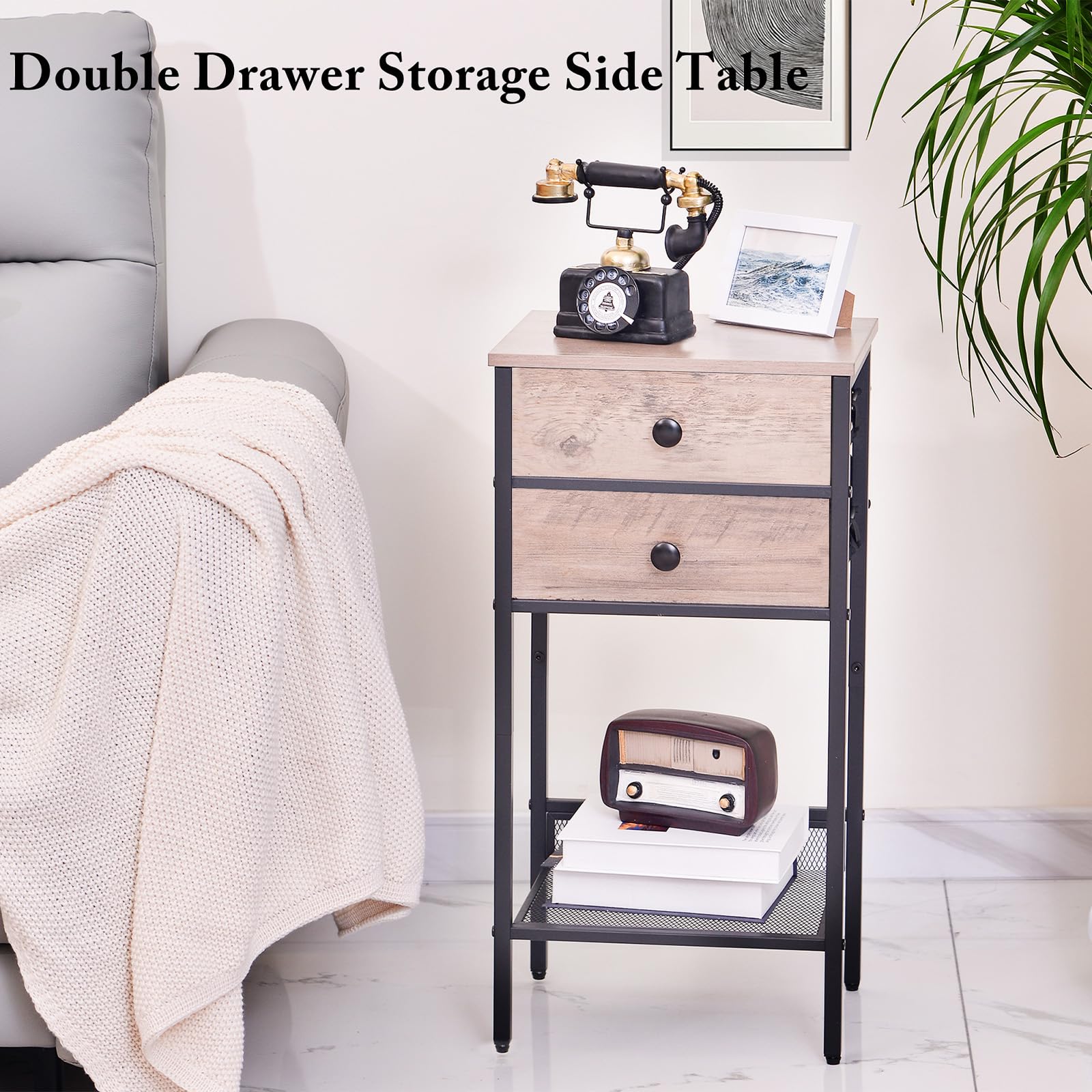 YSVCO Tall Nightstand, Bedside Table with 2 Fabric Drawers, 26.3" Tall End Table for Small Spaces, Industrial Telephone Table, Small Side Table Stand for Bedroom Black EB70BS