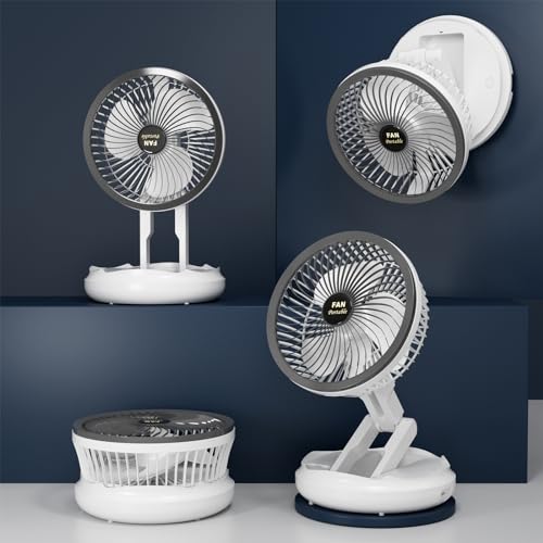 Mihoho Whole Room Air Circulator, 4 Speeds Fan with Light, Cordless Foldable Fan with Lamp for Home, Office, Desk, Outdoor, Ceiling & Wall Mount (Grey)