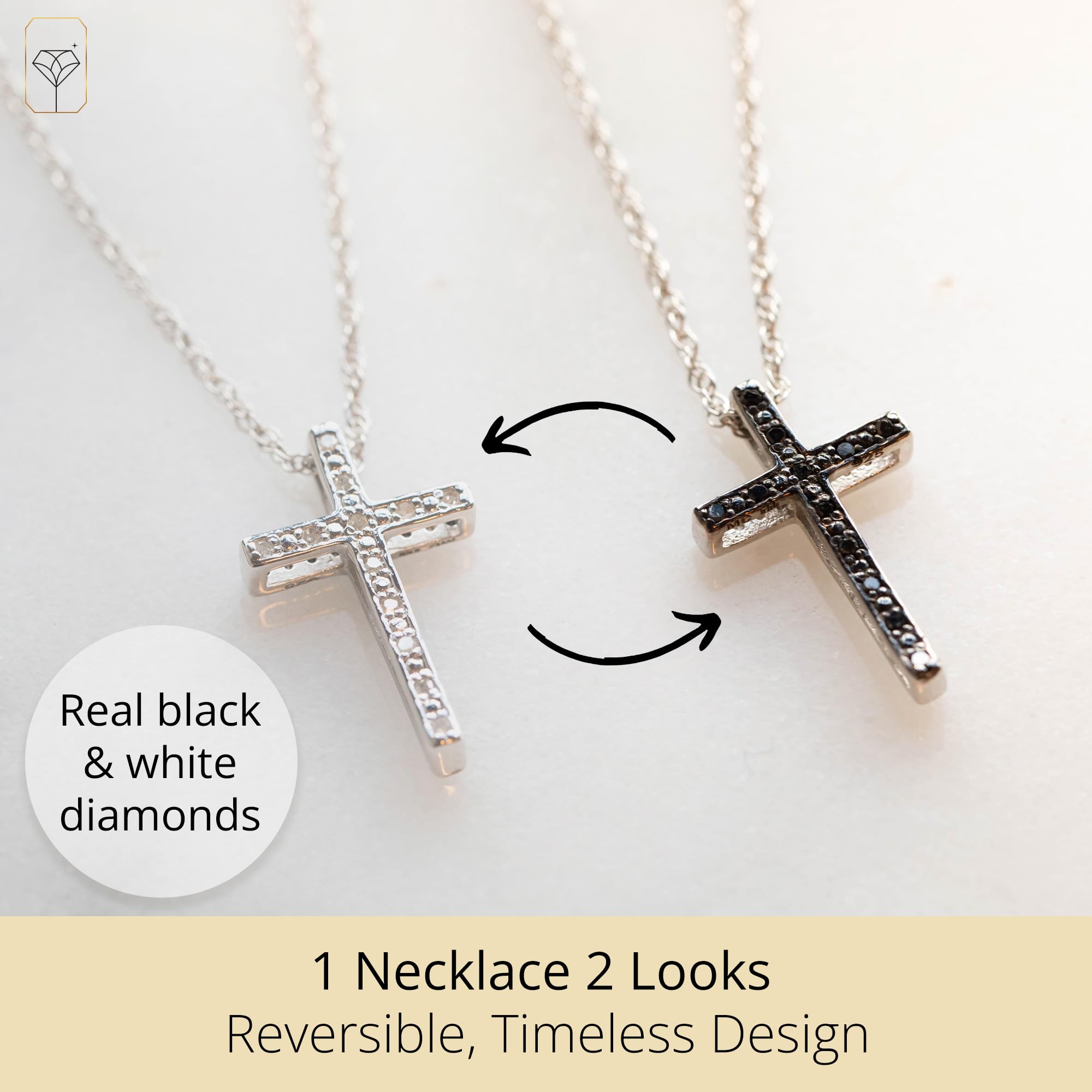 MAX + STONE Reversible White & Black Diamond Cross Necklace | Sterling Silver Diamond Necklace with Adjustable 18β or 20β Chain | Real Diamond Cross Pendant Necklace | Silver Cross Necklace