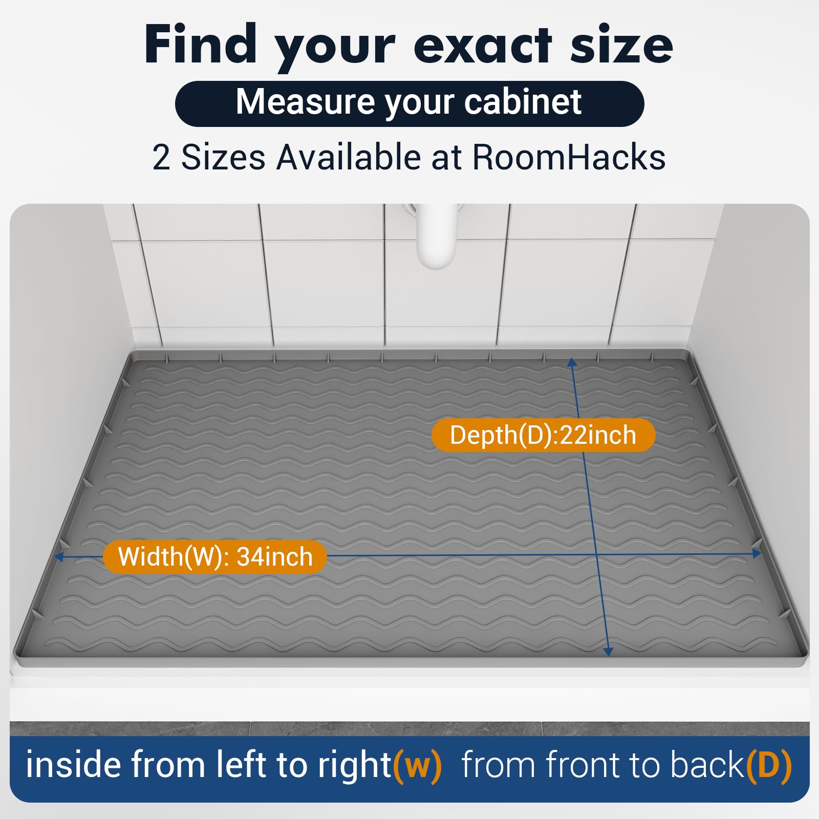 RoomHacks Under Sink Mat for Kitchen Waterproof, 34" x 22" Silicone Under Sink Liner, Kitchen Bathroom Cabinet Mat, Fit 36inch Standard Cabinet Mat Under Sink Organizer Drip Tray Dark Grey