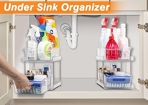 JUPELI 2 Tier Clear Bathroom Organizer with Dividers, Multi-Purpose Pull-Out Pantry Organization and Storage, Under Sink Closet Organizers and Storage, Vanity Skincare Cosmetic Organizer Medicine Bins