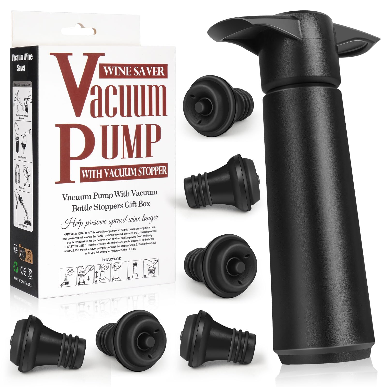 Rainaideng Wine Saver Pump with 6 Vacuum Stoppers,Wine Stopper, Wine Preserver, Wine Pump and Wine Vacuum Stopper are Black,Reusable Bottle Sealer Keeps Wine Fresh, Ideal Wine Accessories Gift