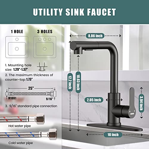 Kitchen Faucets, Matte Black Faucet with Pull Down Sprayer and Deck Plate, Stainless Steel Commercial Utility Faucets for Sink 3 Hole Bar Rv Camper Laundry Outdoor Farmhouse