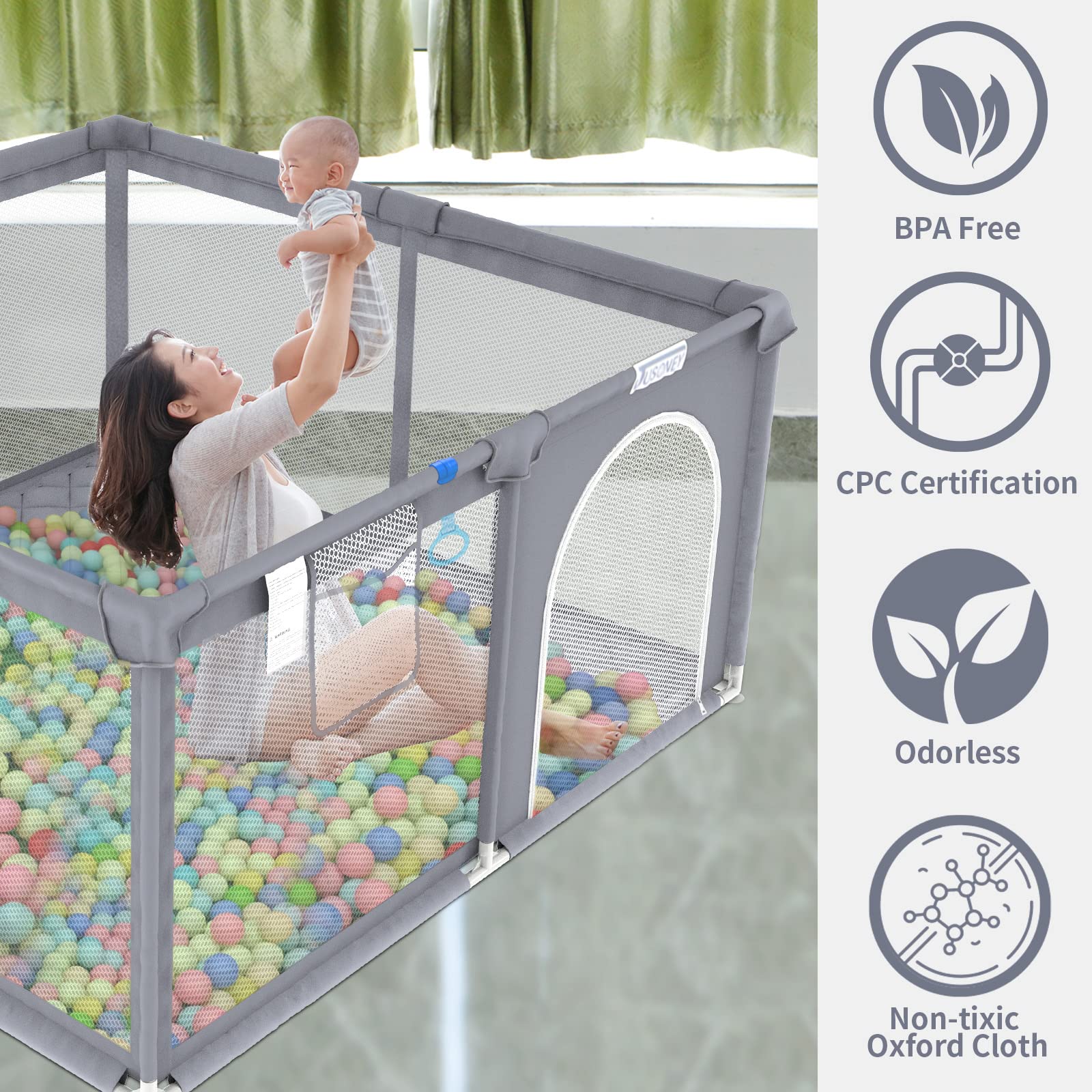 JUSONEY Baby Playard,Baby Playpen with Mat,50”×50” Baby Playpen for Toddler with Gate, Indoor & Outdoor Playard for Kids Activity Center with Anti-Slip Base,Sturdy Safety,Soft Breathable Mesh-Grey
