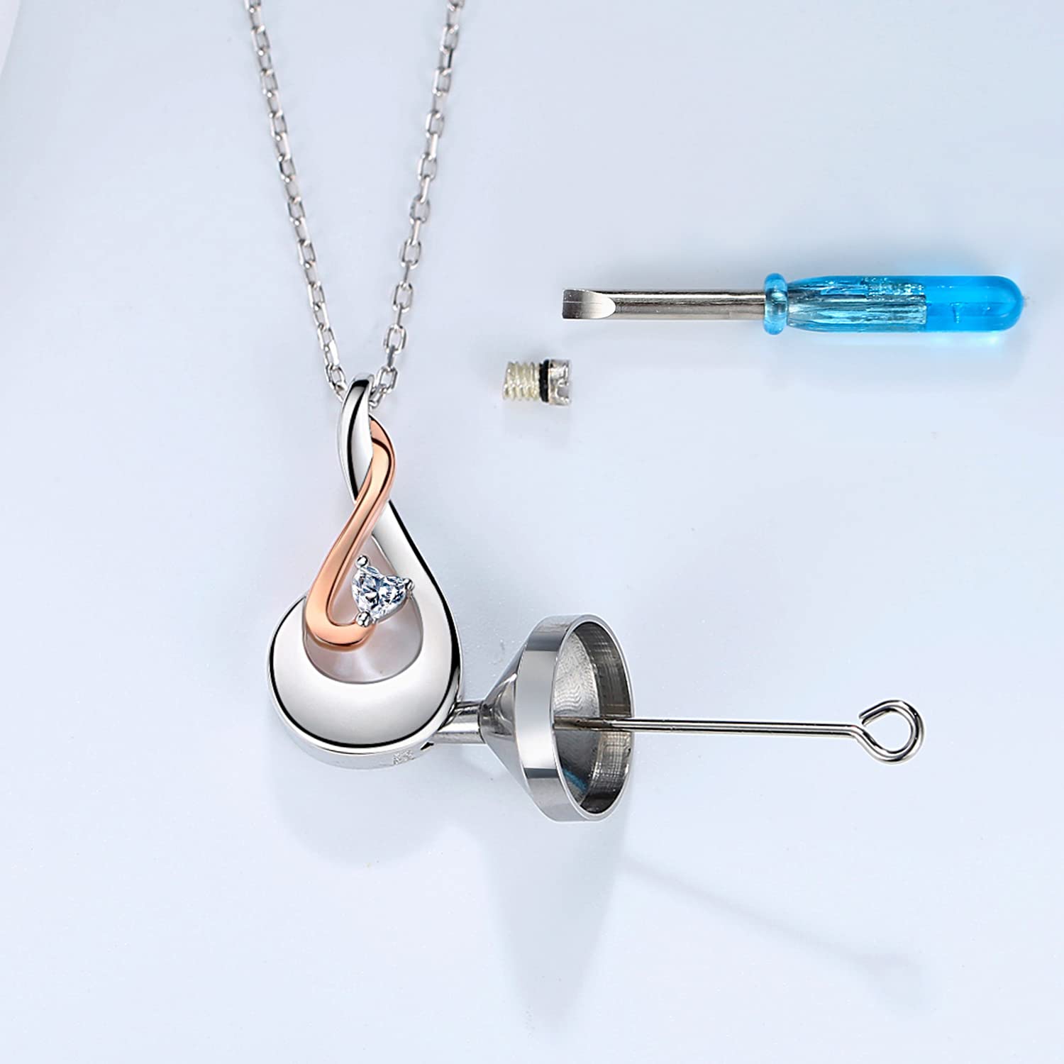 Hioed 925 Sterling Silver Cremation Jewelry for Ashes Teardrop Urn Necklace for Ashes with Heart-Shape CZ Memorial Keepsakes Pendant Necklace for Women(White-April)