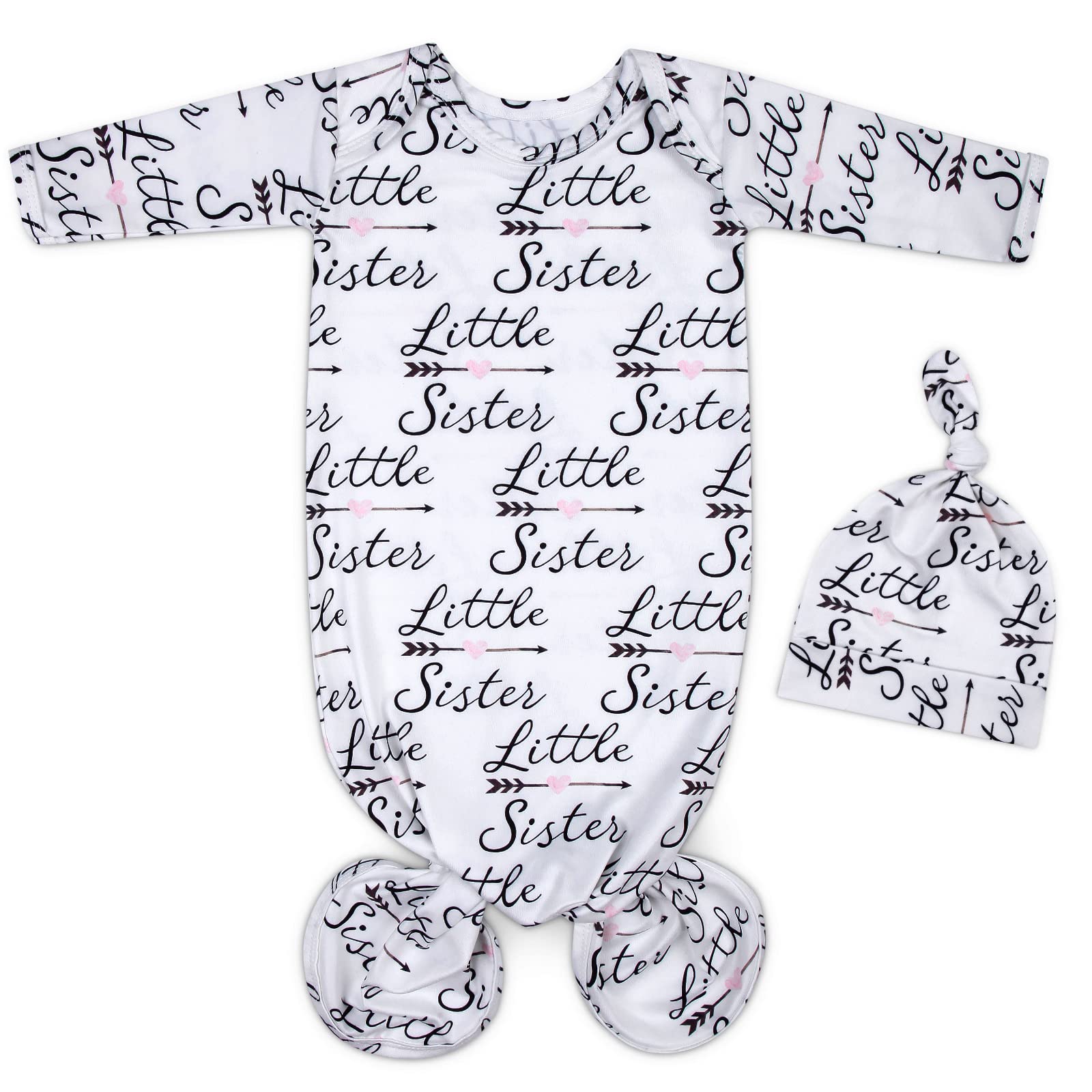 Mikccer Baby Newborn Knotted Gown 0-6 Months, Soft Breathable Sleeper Gowns, Babies Girl Coming Home Outfit Infant Little Sister Nightgowns with Hat Set