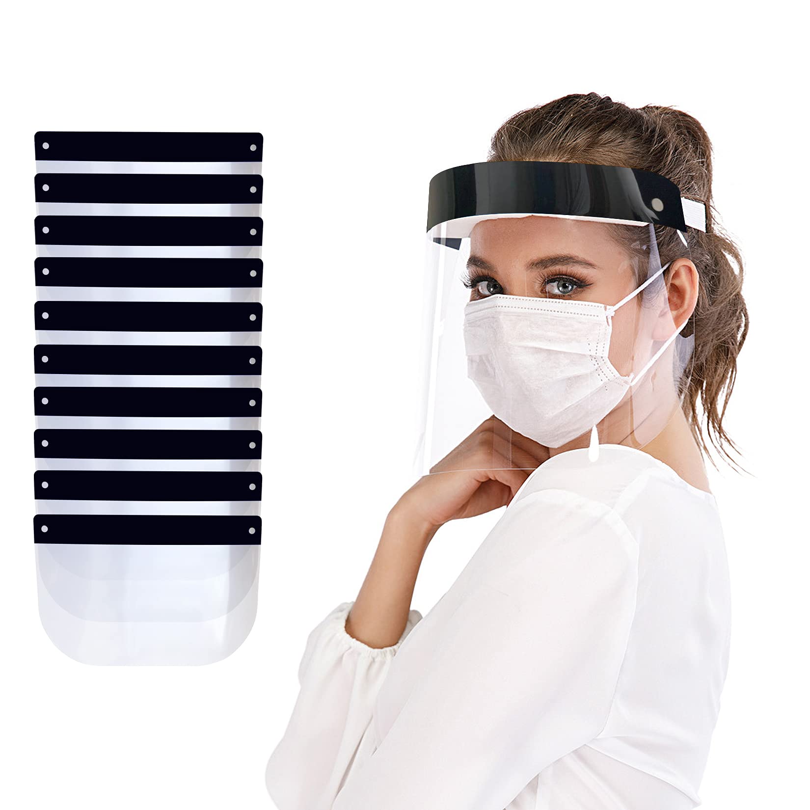 HUHETA Safety Face Shields 10 Pack, Protective Face Shield Mask with Clear Wide Visor, Lightweight Transparent Dustproof Windproof Full Face Shield, Elastic Band for Women Men with 2 Protective Films