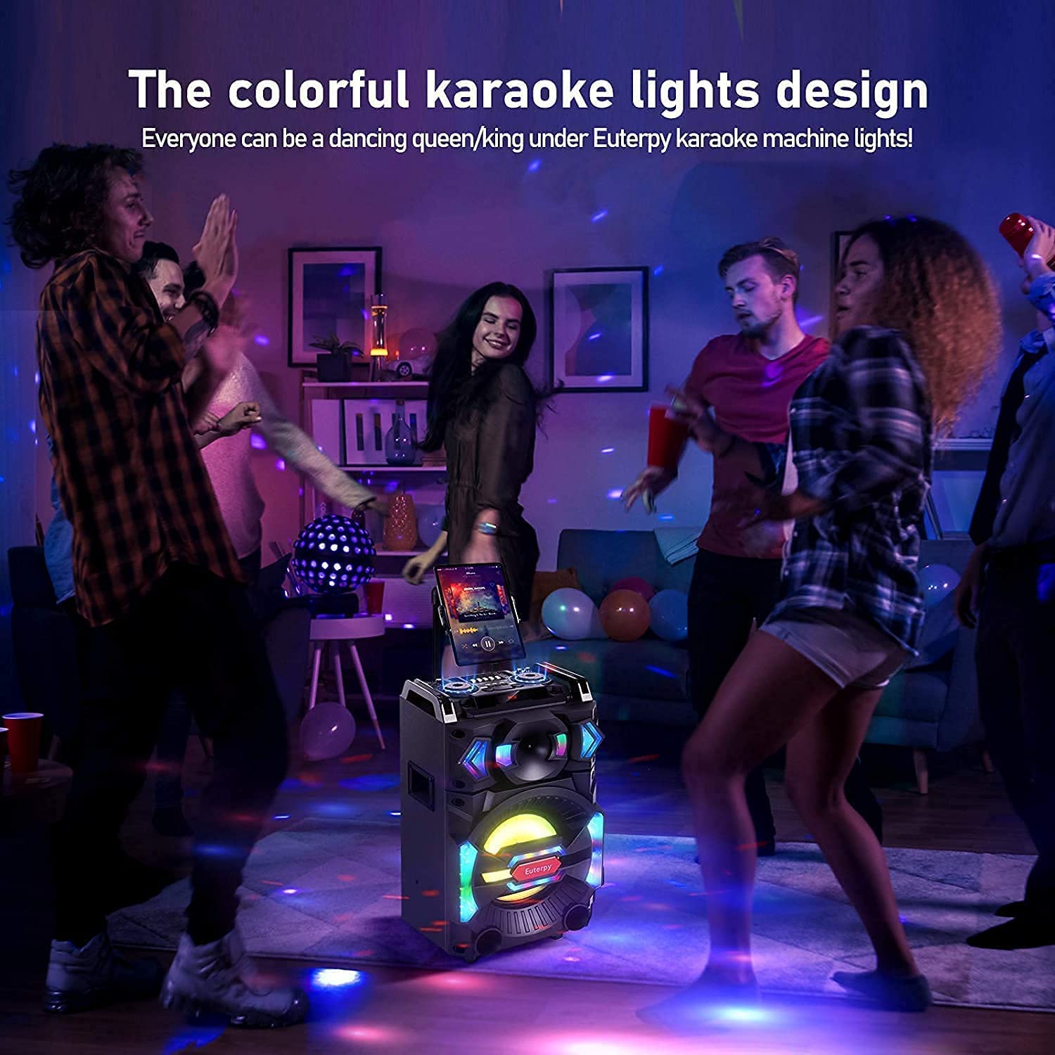 Karaoke Machine for Adults, Portable PA System Bluetooth Speaker with 10'' Subwoofer, 2 Wireless Microphones+DJ Light+iPad Stand, for Home Karaoke Singing, Party, Meeting, Class and Church