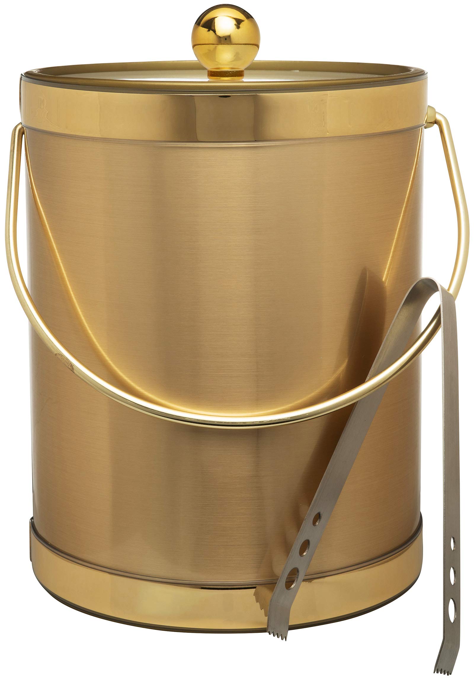 Mr. Ice Bucket By Stephanie Imports Hand Made In USA Brushed Gold Double Walled 5-Quart Insulated Ice Bucket With Ice Tongs (Metallic Deco Collection)