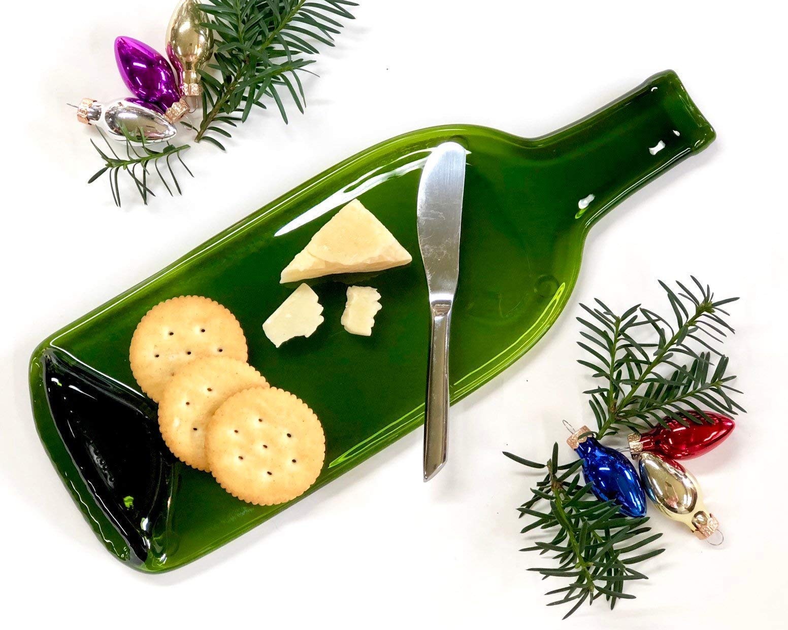 Melted Wine Bottle Cheese Serving Tray with Cheese Spreader and Red Ribbon, Unique Christmas Gift by Mitchell Glassworks