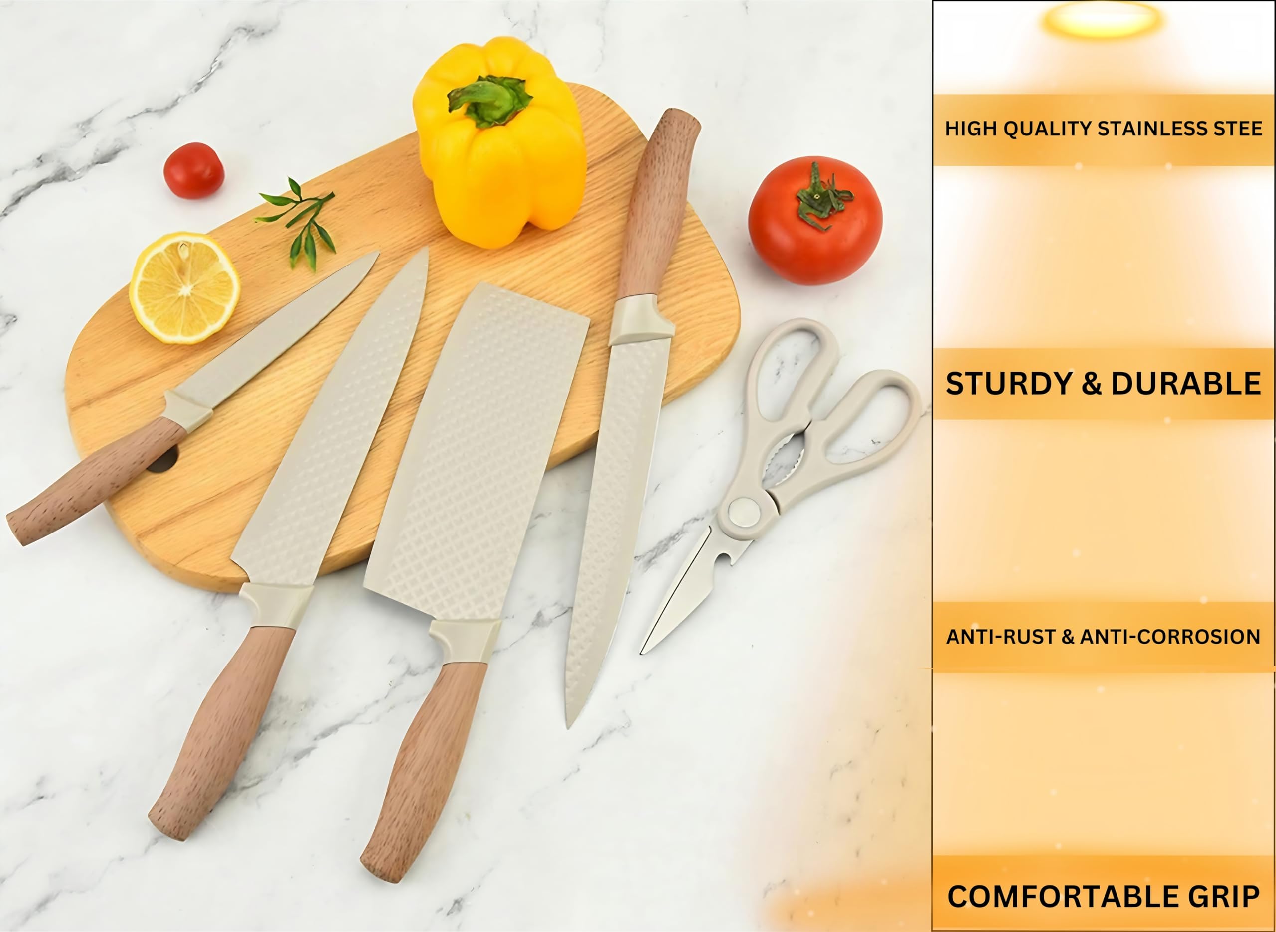 TheTJShop Kitchen Knife Set, TheTJShop 6-Piece Ultra Sharp Kitchen Knife Set with Khaki Block - Professional Anti-Rust Stainless Steel Chef Knifes for Home & Kitchen | Khaki |, 12*12*25cm