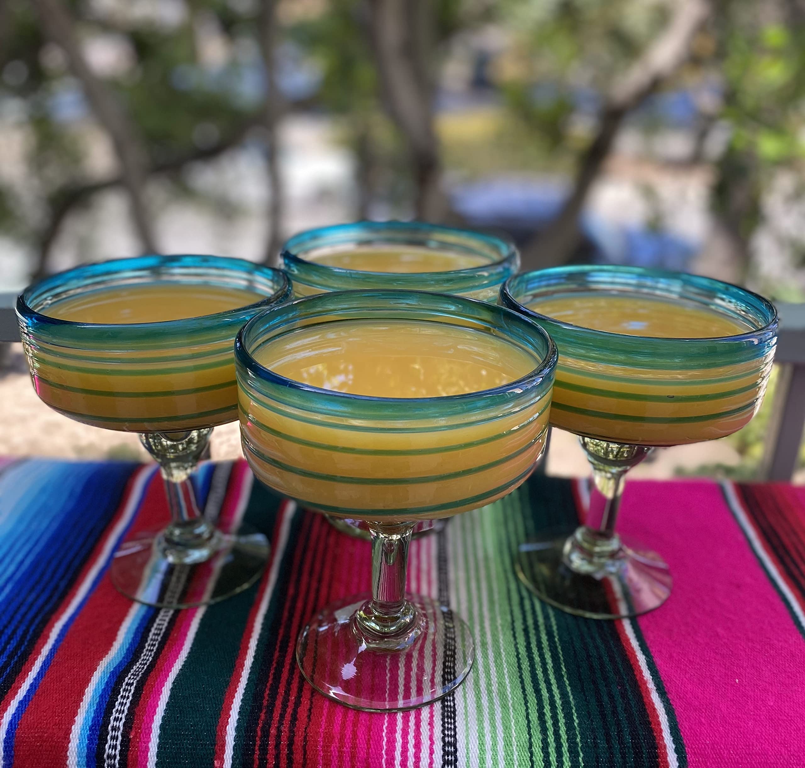 Mexican Hand Blown Glass – Set of 4 Hand Blown Margarita Glasses (16 oz) with Aqua Spiral Design