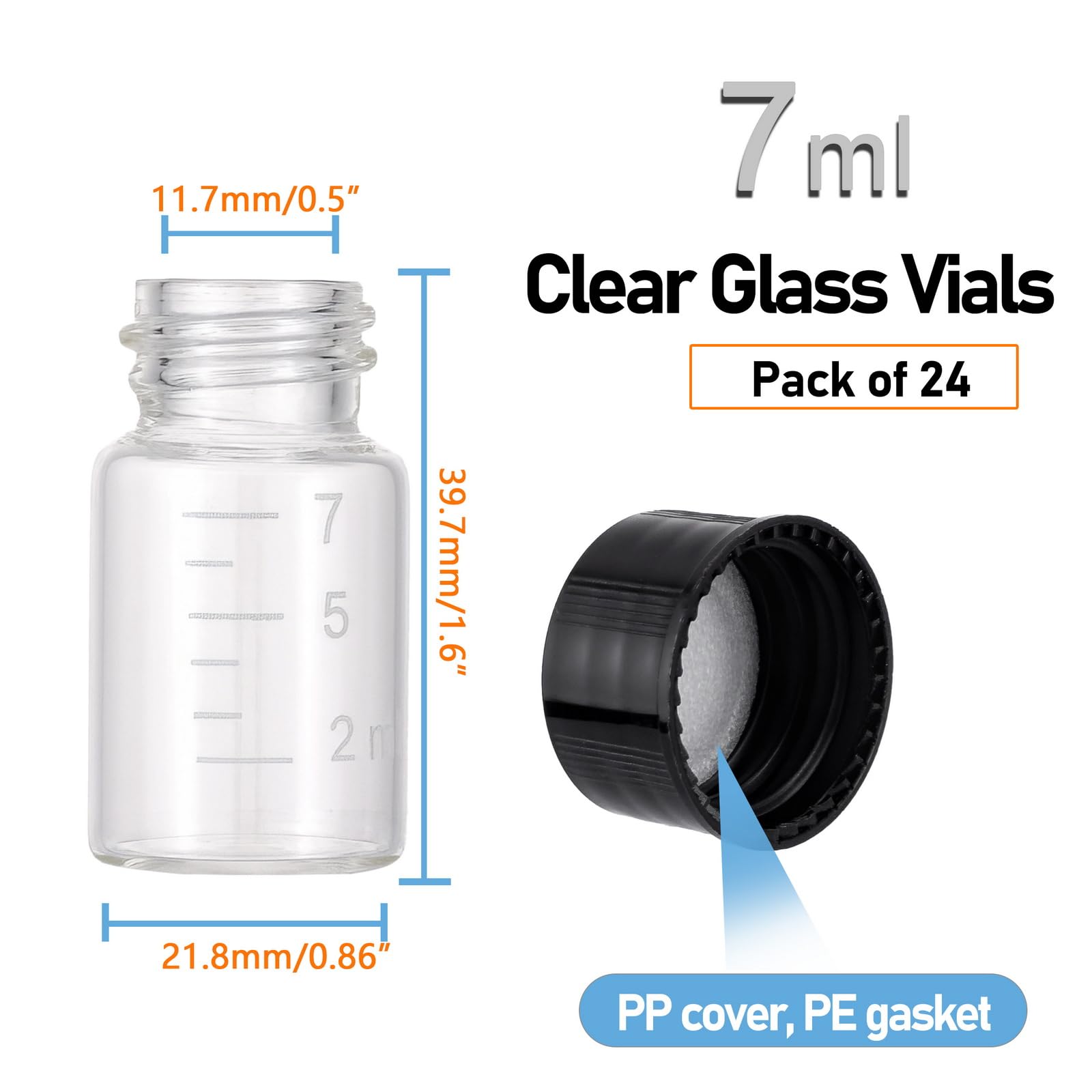 Njvial 24Pcs 7ml Small Glass Vials with Lids Lab Sample Vials Empty Refillable Perfume Travel Mini Glass Bottles with Screw Caps for Essential Oils(12Pcs Bottles with Graduated Measuring Scale)
