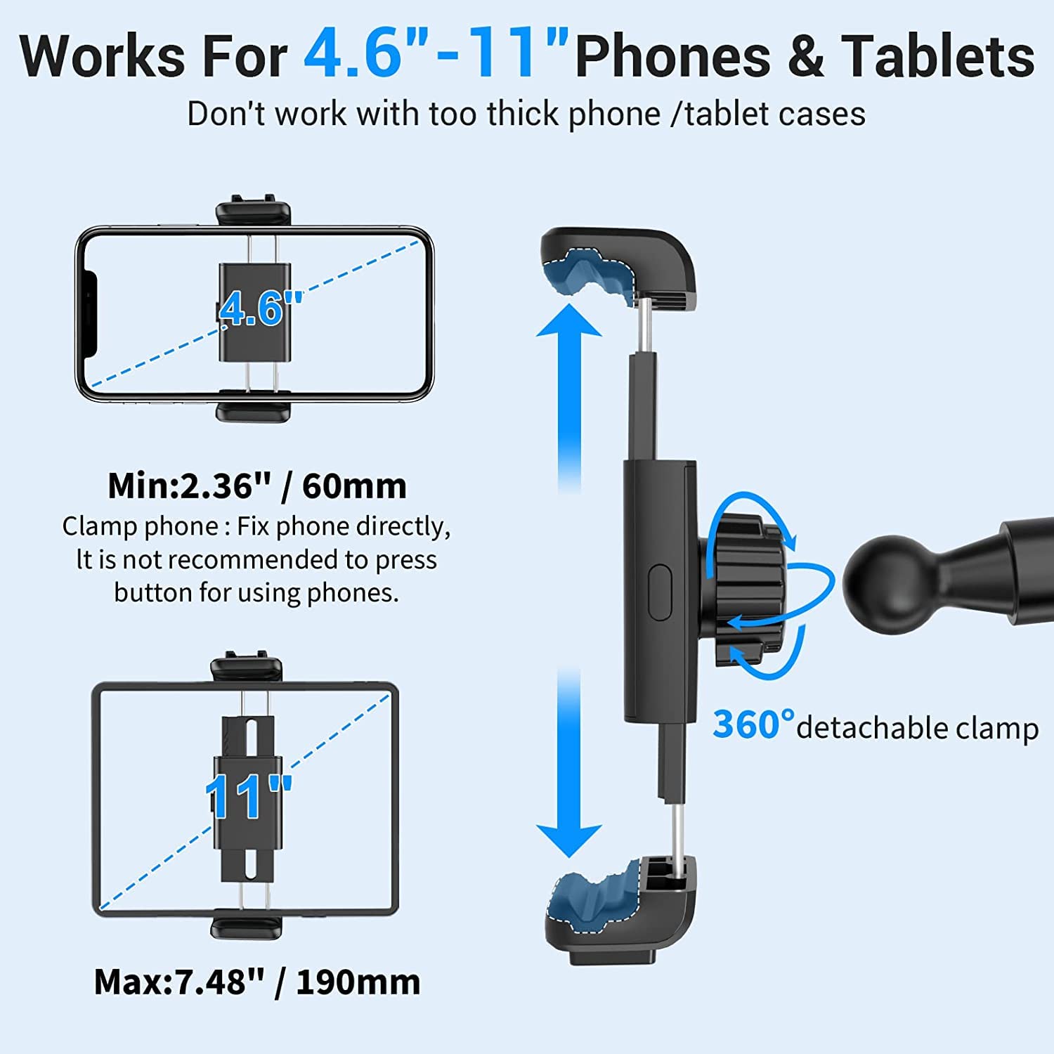 Phone & Tablet Holder for Bed ,Gooseneck Stand Desk Mount,Long Arm Overhead Clip Clamp,Flexible Lazy Bracket for headboard,Bedside,Video Recording Remote ,for iPad/iPhone/Smartphone & Tablet 4.6"-11"