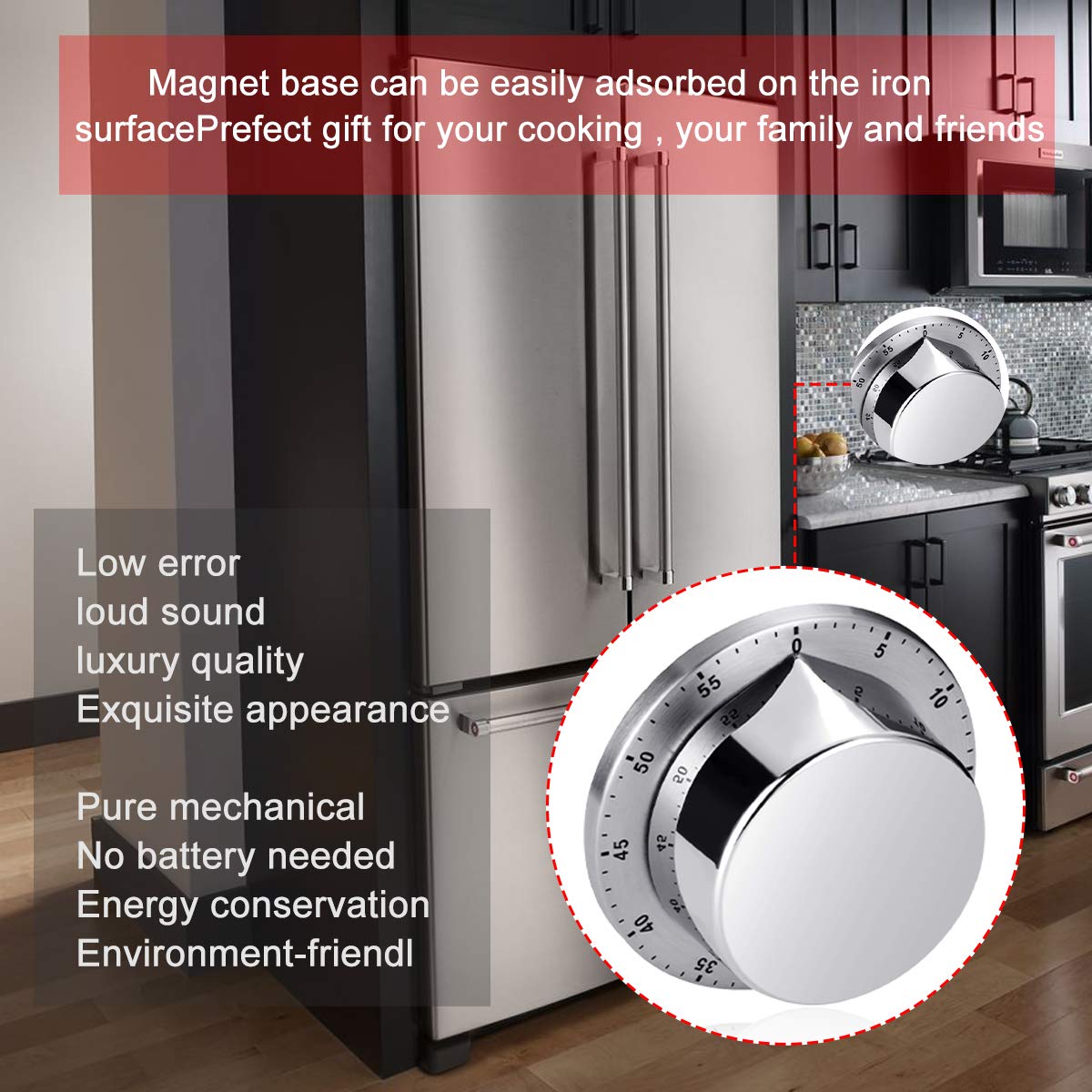 Kitchen Timer,Magnetic Kitchen Timer Kitchen Cooking Timer Clock with Bell Alarm Clock,No Battery Needed,100% Mechanical-Magnetic Backing, Exquisite Stainless Steel Body, Countdown Reminder, (Round)