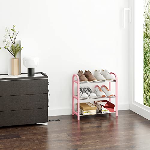 SHELAKET 3-Tier Small Shoe Rack, Lightweight 5-7 Pairs Shoe Shelf Storage Organizer,Sturdy Metal Standing Narrow Shoe Shelf for Closet Entryway Hallway(Pink)