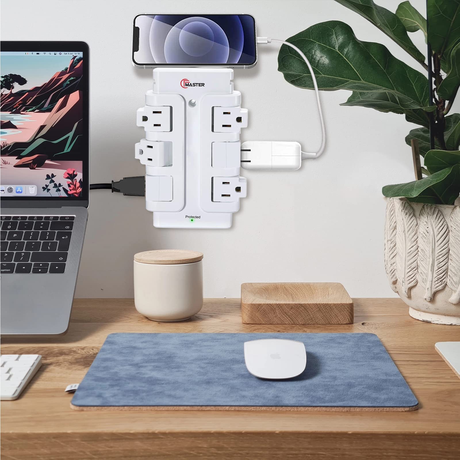 Outlet Extender, 6 90° Rotating Plugs, 15A, 125V, 1875W, 540J, Power Strip, Surge Protector Power Strip for Travel Hotel Office Home Wall Surge Protector, White