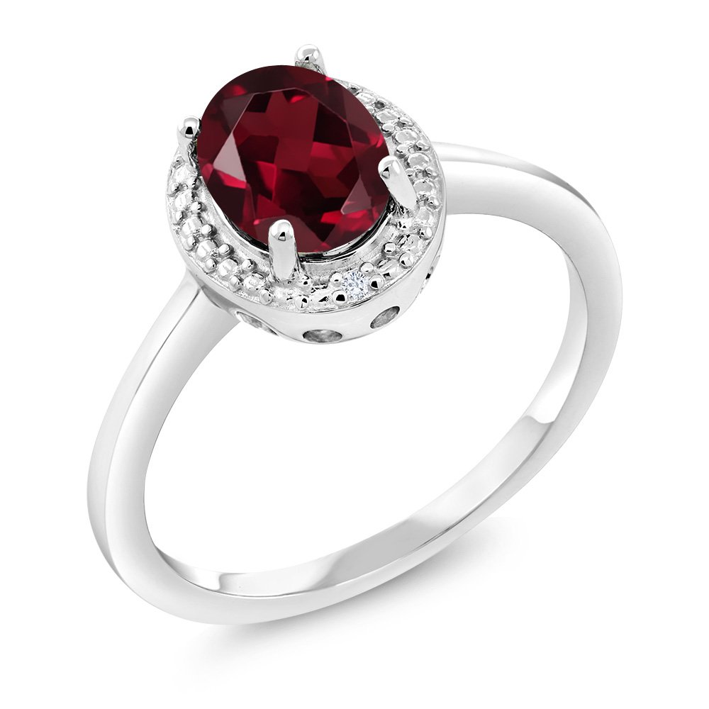 Gem Stone King 925 Sterling Silver Red Rhodolite Garnet and White Diamond Engagement Ring For Women (1.36 Cttw, Gemstone January Birthstone, Oval 8X6MM, Available In Size 5, 6, 7, 8, 9)