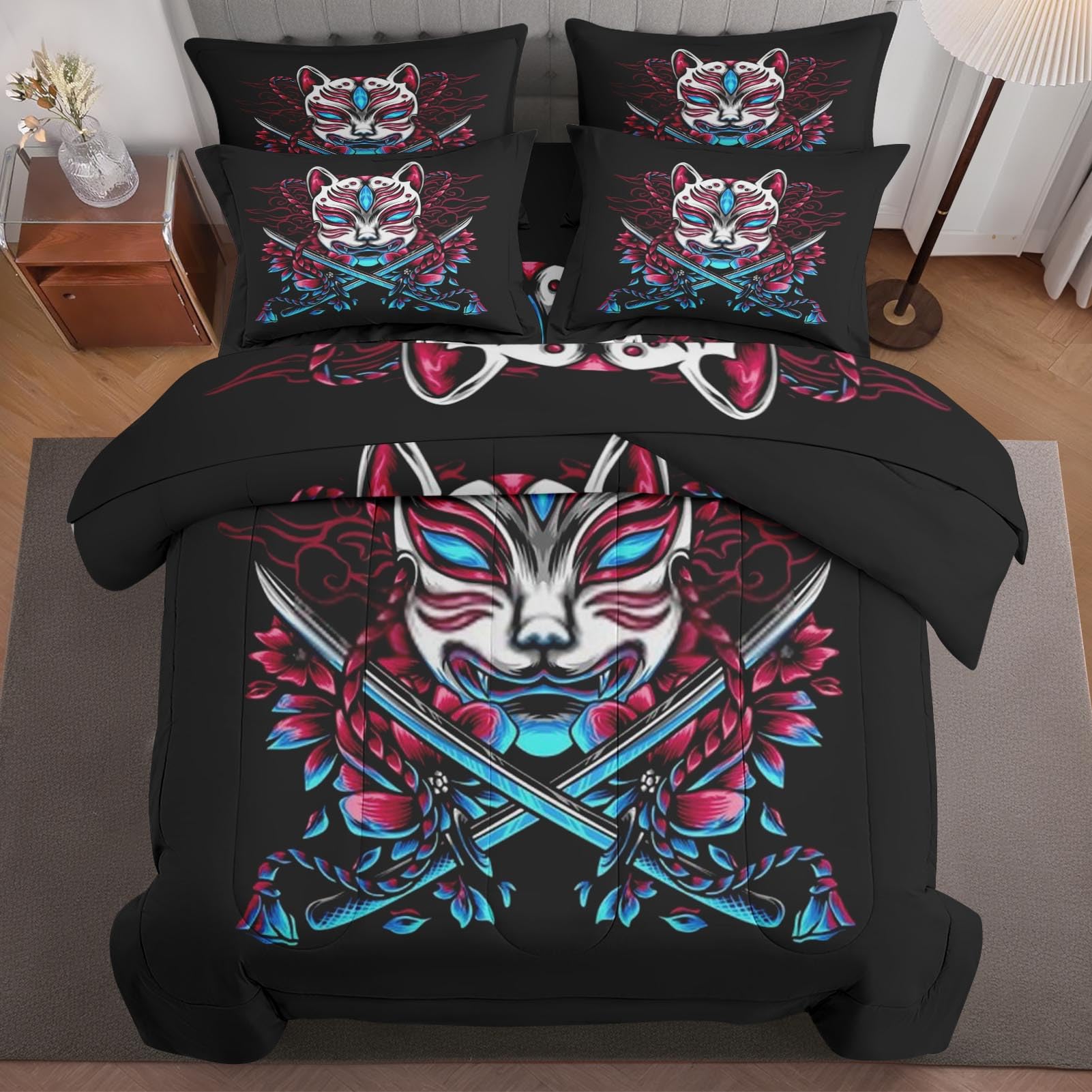 Pinbeam 7 Pcs Comforter Set Queen Size, Japanese Anime Fox Bed in a Bag with Flat Sheet and Fitted Sheet for Kids and Adults, Asian Animal Bedding Set with Pillowcase & Sham