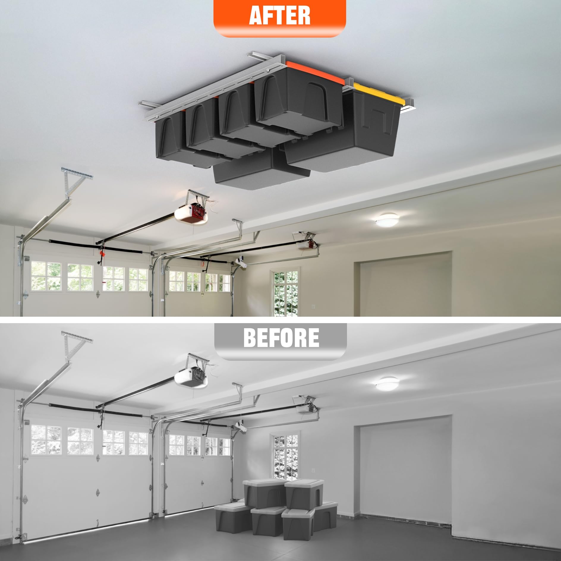 TORACK Garage Ceiling Bin Storage Rack, Overhead Tote Storage Rail System Heavy Duty Adjustable Tote Slide Garage Storage System(Black, Bins are not included)