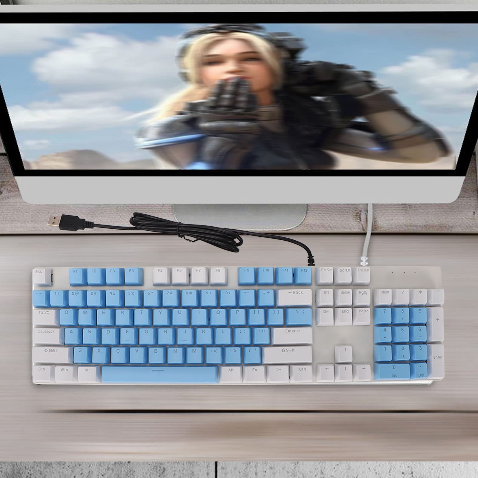 Pomya 104 Keys Gaming Mechanical Keyboard, Blue Switch RGB Scratch Resistant Gaming Keyboard for Win, Wearproof Mechanical Keyboard for PC, Notebook(White Blue)