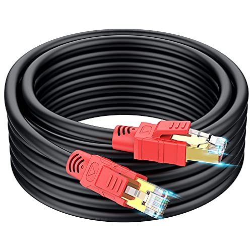 Mopfxt Cat 8 Outdoor Ethernet Cable 300 ft, Shielded 26AWG 40Gbps 2000Mhz SFTP, Heavy Duty High Speed Cat8 Outdoor Ethernet LAN Network RJ45 Cable- in Wall, Weatherproof for Router, Modem, Gaming