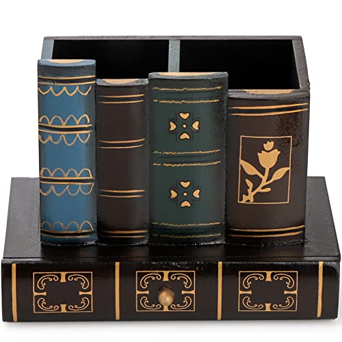 Tosnail Decorative Pen Holder with Storage Drawer, Wooden Pencil Holder and Organizer, Antique Library Books Design Pen Cup Caddy for Office Supplies, Countertop, Desk, Table