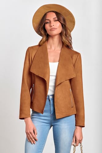 PRETTYGARDEN Women's Faux Suede Jackets 2023 Fall Clothes Long Sleeve Open Front Cropped Coat Outwear (Brown,Medium)