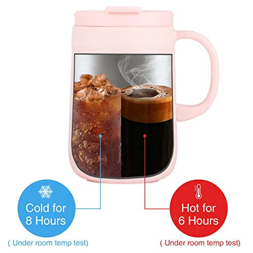 PINKAH Stainless Steel Coffee Mug with Lid and Handle, Double Wall Vacuum Insulated Cup, 16oz, Pink