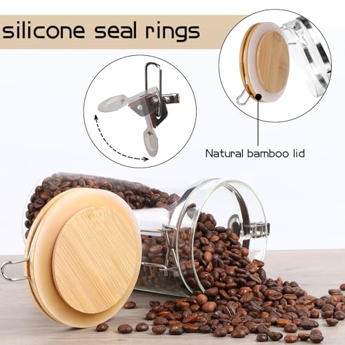 Liengoron 3x54oz Glass Coffee Bean Storage Container with Shelf 3PCS Glass Coffee Containers with Airtight Locking Clamp Lid Spoons Coffee Canister Set Jars for Kitchen Food Storage Tea Sugar,Wood
