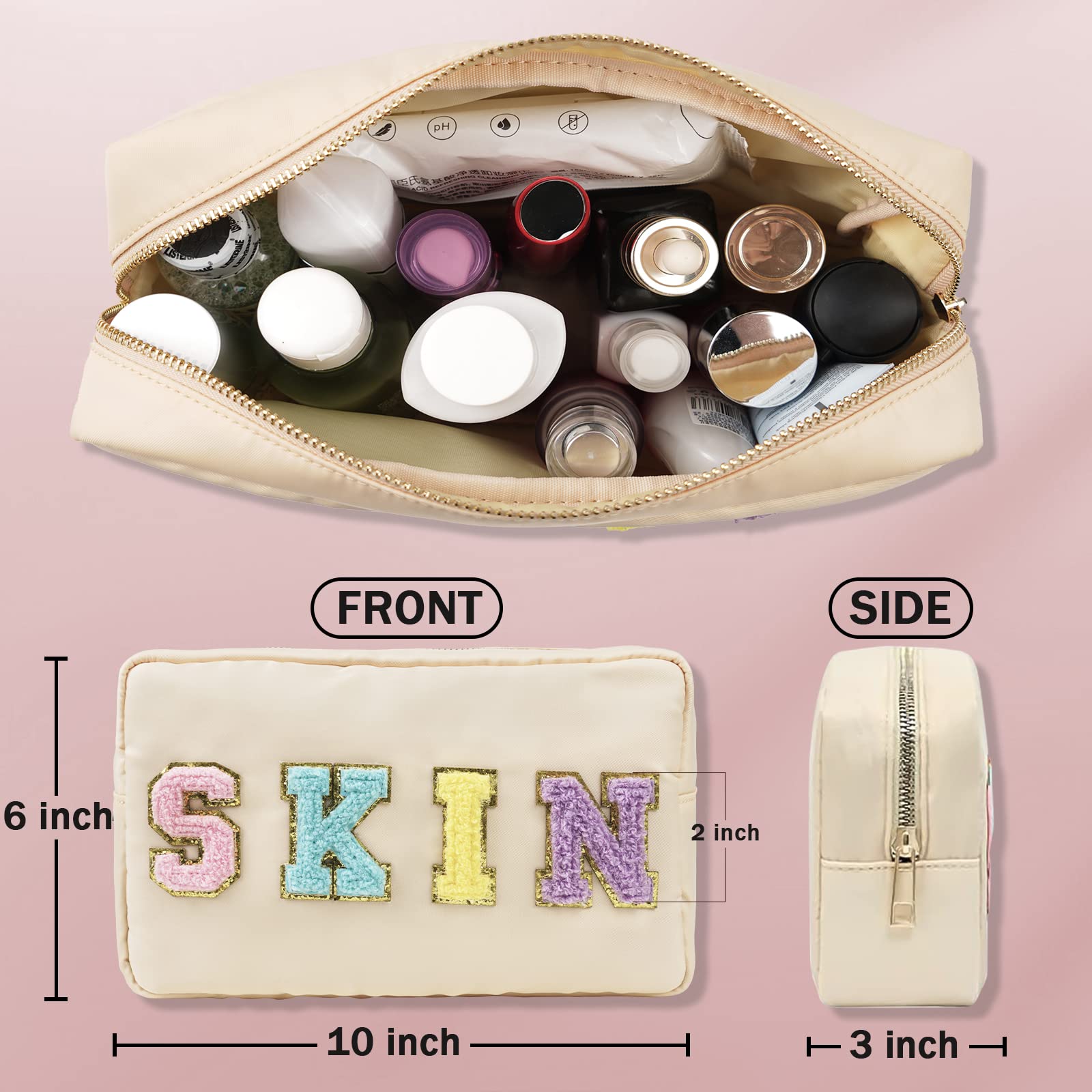 Preppy Patch Makeup Bag-Nylon Cosmetic Preppy Makeup Stuff Bag with Zipper-Varsity Chenille Letter Makeup Travel Organizer Valentines Bag that Kid Valentines Day present for Her and Him