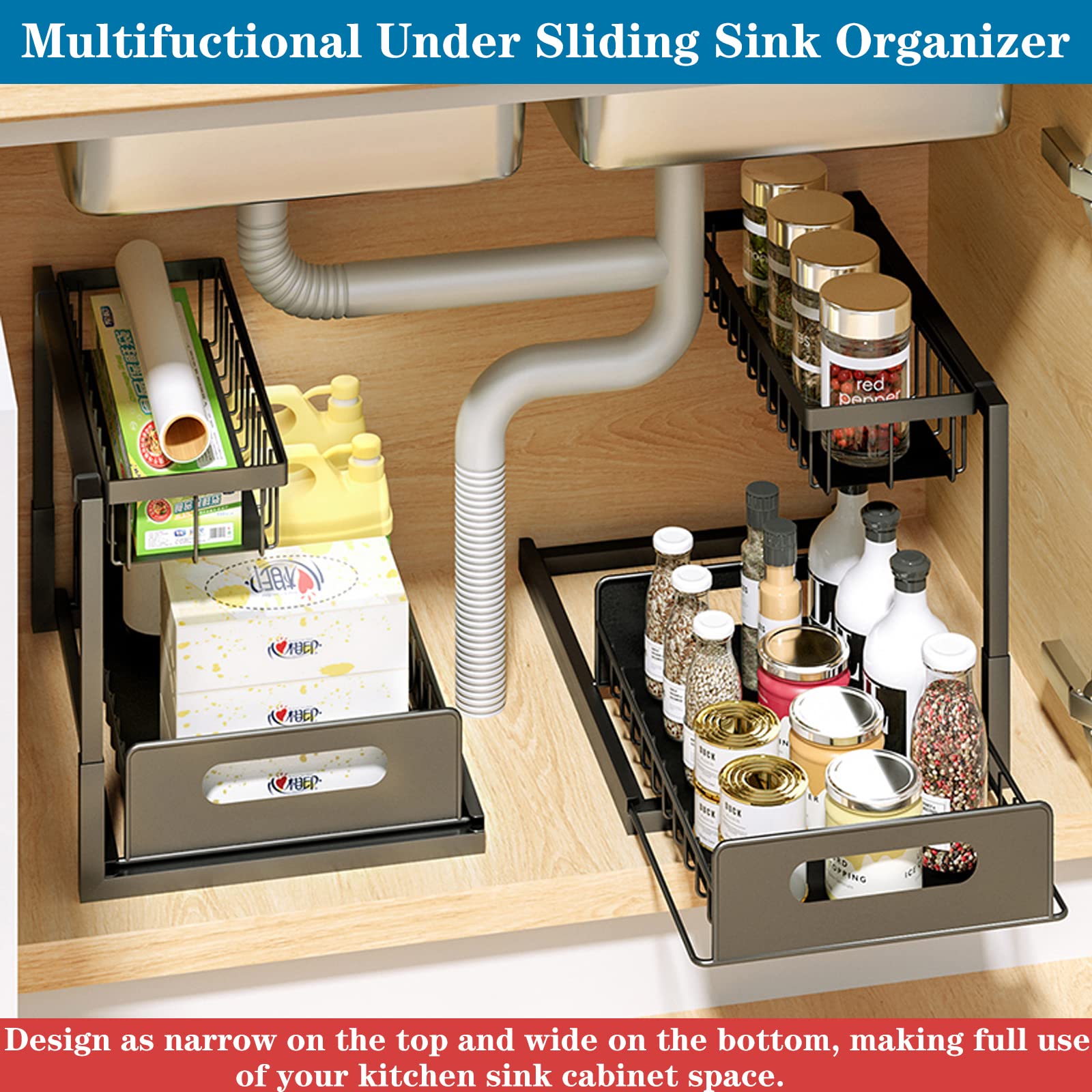 LFGKeng Under Sliding Sink Organizer, Pull Out Cabinet Drawer 2 Tier, Under Sink Shelf Organizer Rack, Under Cabinet Storage for Kitchen Spice Organizer, Bathroom Countertop Organize Baskets(Black)