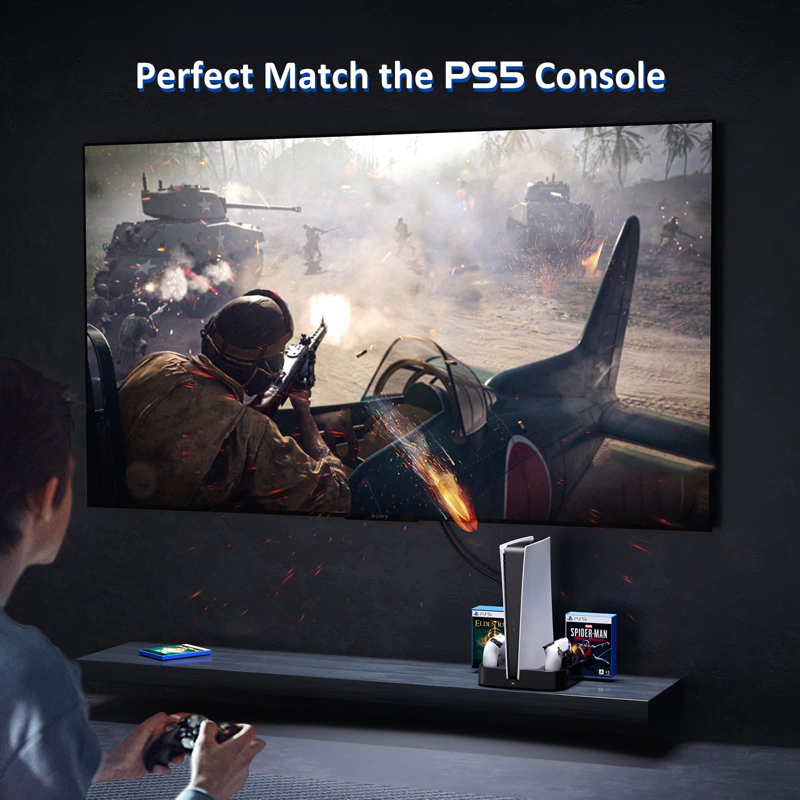 LVFAN PS5 Stand / PS5 Controller Charging Station, PS5 Accessories for Playstation 5 Digital & Disc Edition, PS5 Console Cooling Station with 3 Levels Adjustable Fan Speed, 8 x PS5 Games Slots β Black