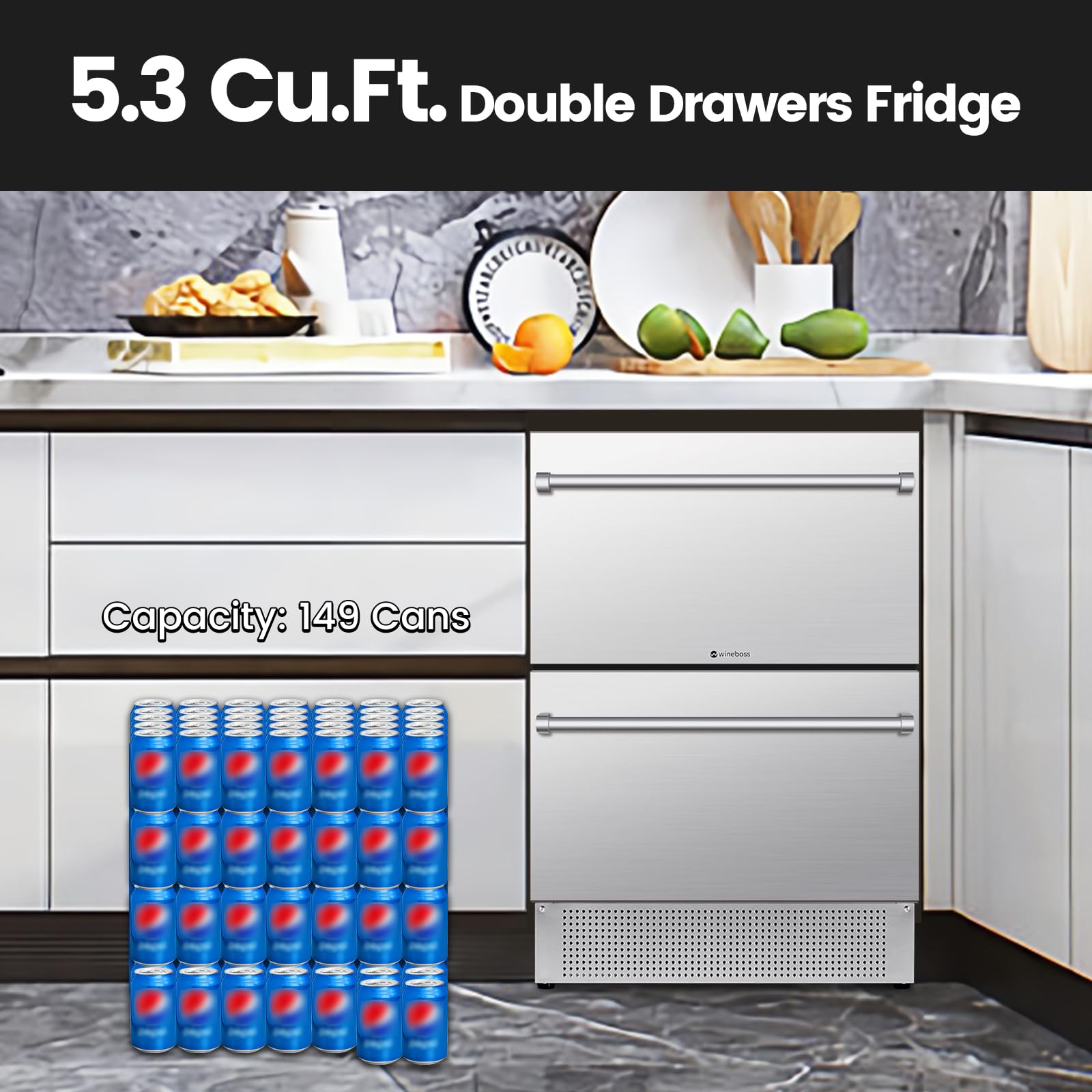 WINEBOSS 24 inch Beverage Refrigerator, Under Counter Double Drawer Fridge for Drink Soda Beer, Freestanding & Built-in Stainless Steel Beverage Cooler for Home and Outdoor Commercial Use